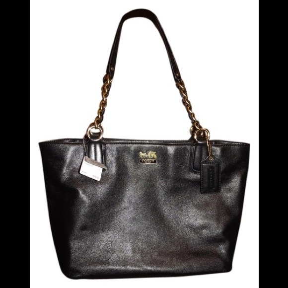 Coach | Bags | Coach Madison Eastwest 2466 Black Leather Chain Tote ...